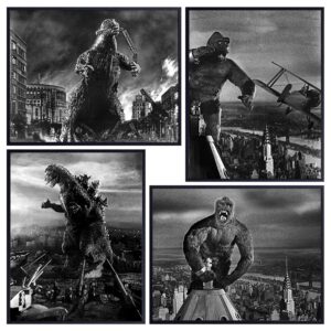 godzilla - king kong - godzilla vs kong - vintage horror movie poster set - 8x10 classic movies - scary movie wall art decor - monster movies - home theater room, boys bedroom, man cave decorations