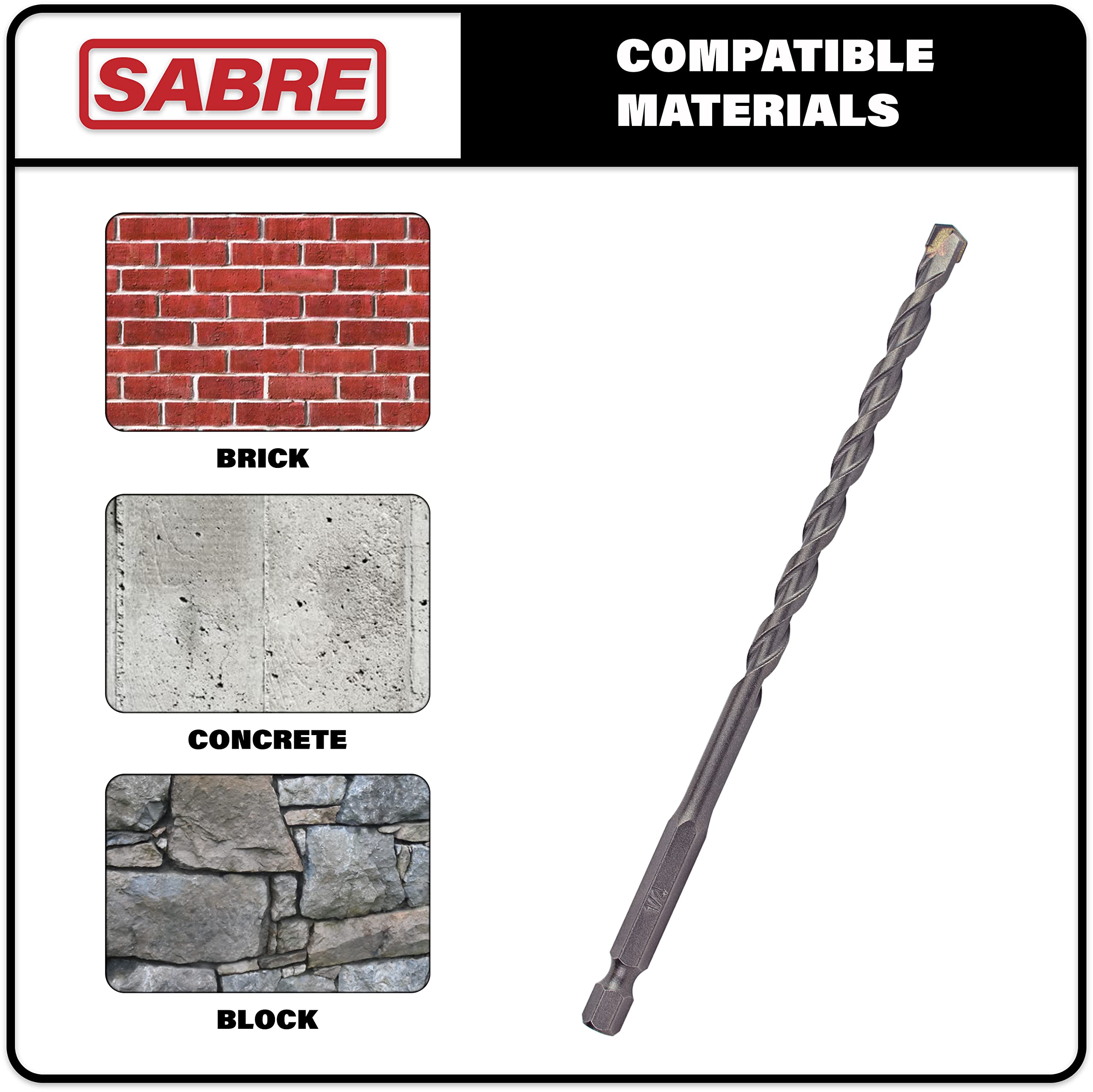 Sabre Tools 3/16 Inch x 6 Inch Masonry Drill Bit, Carbide Tipped 10-Pack for Concrete, Brick, Stone, 1/4” Hex Shank, Impact Performance (3/16” x 6”, 10)