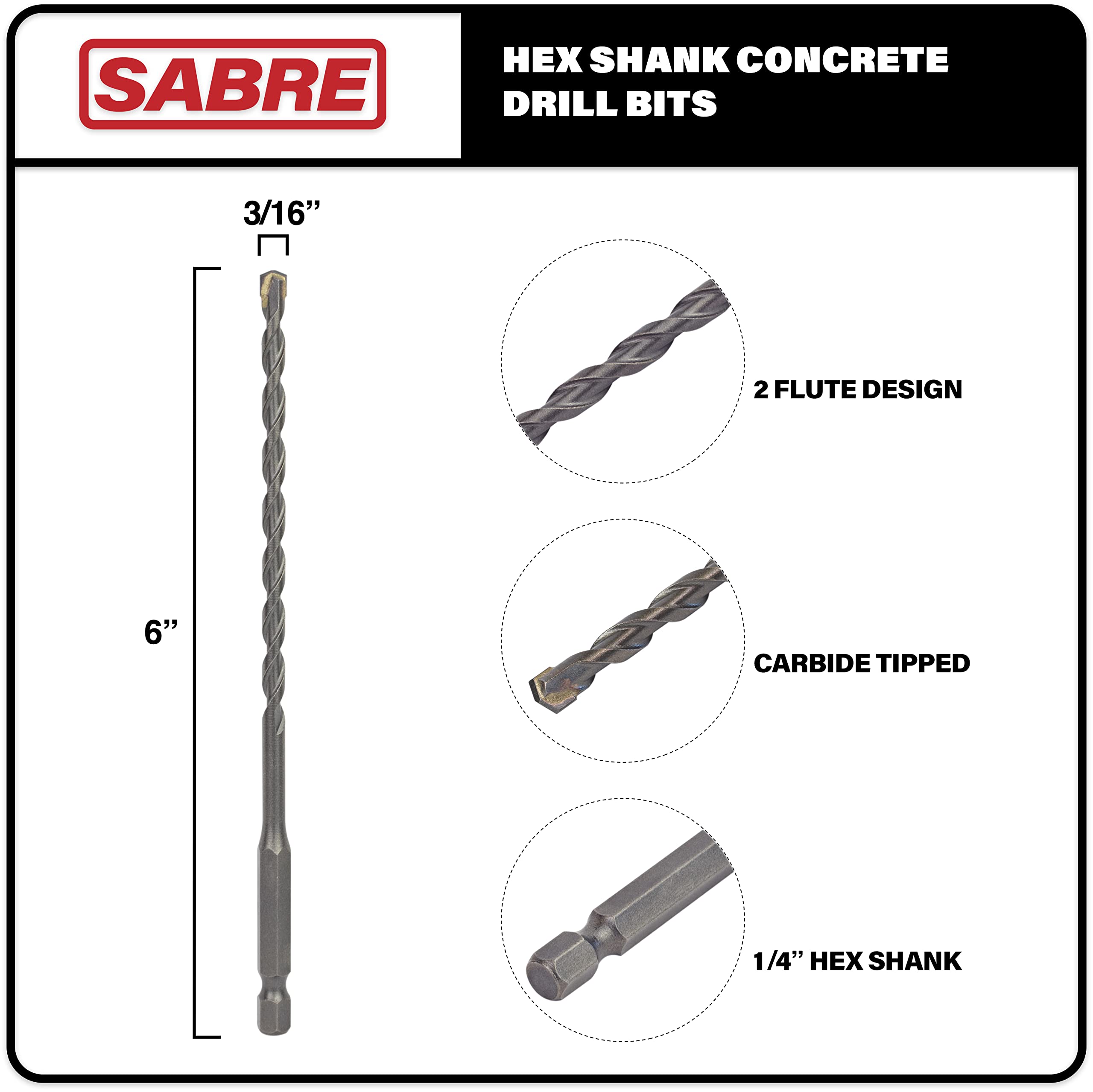 Sabre Tools 3/16 Inch x 6 Inch Masonry Drill Bit, Carbide Tipped 10-Pack for Concrete, Brick, Stone, 1/4” Hex Shank, Impact Performance (3/16” x 6”, 10)