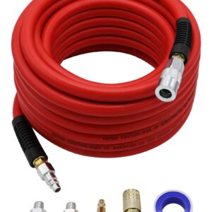 YOTOO Air Hose 1/2 in. x 50 ft, 300 PSI Hybrid Air Compressor Hose, Heavy Duty, Lightweight, Kink Resistant, All-Weather Flexibility with Bend Restrictors, 3/8" and 1/4" Air Fittings Kit, Red