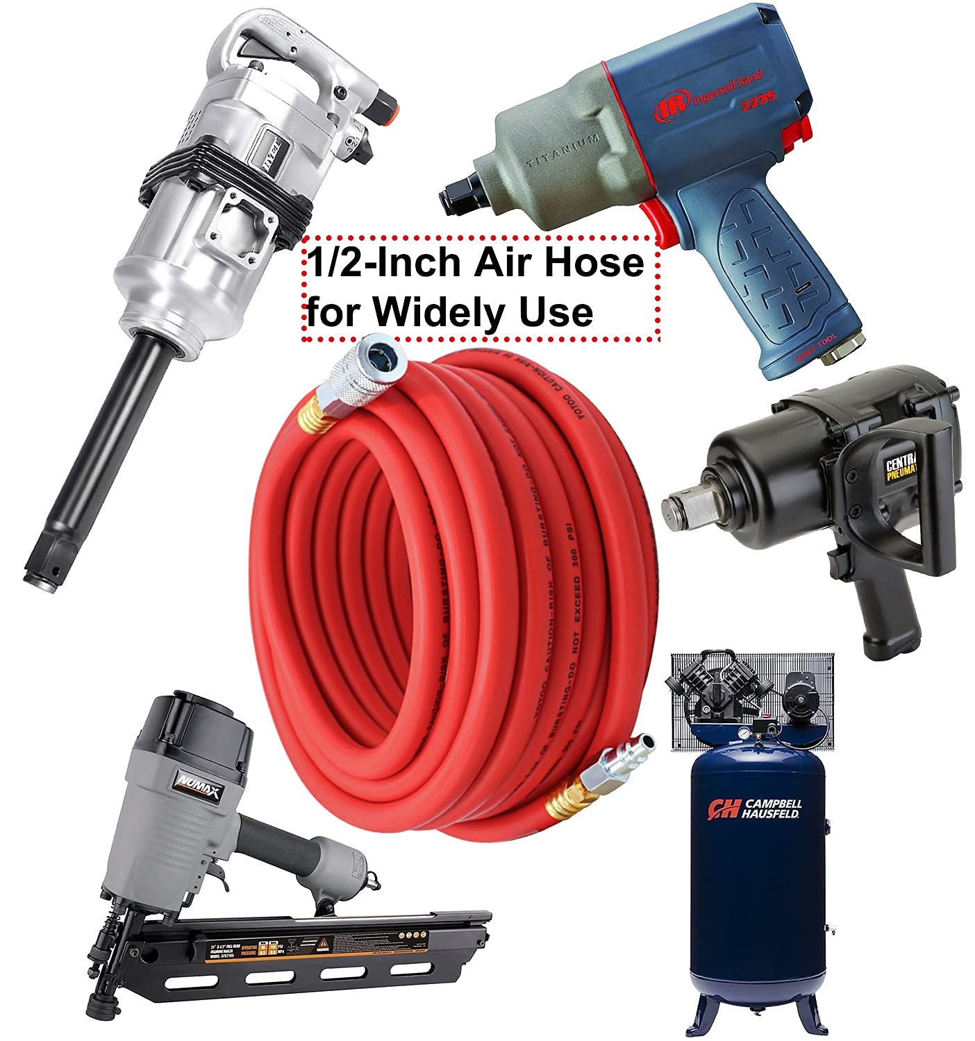 YOTOO Air Hose 1/2 in. x 50 ft, 300 PSI Hybrid Air Compressor Hose, Heavy Duty, Lightweight, Kink Resistant, All-Weather Flexibility with Bend Restrictors, 3/8" and 1/4" Air Fittings Kit, Red