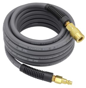 yotoo hybrid air hose 1/4-inch by 25-feet 300 psi heavy duty, lightweight, kink resistant, all-weather flexibility with 1/4-inch industrial air fittings and bend restrictors, gray