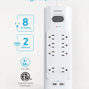 Anker Power Strip Surge Protector with USB, 6ft Extension Cord, 8 Outlets & 2 USB Ports with Flat Plug, PowerIQ for iPhone 14/13 Pro/13, Galaxy, for Home, Office, and More (1200 Joules)