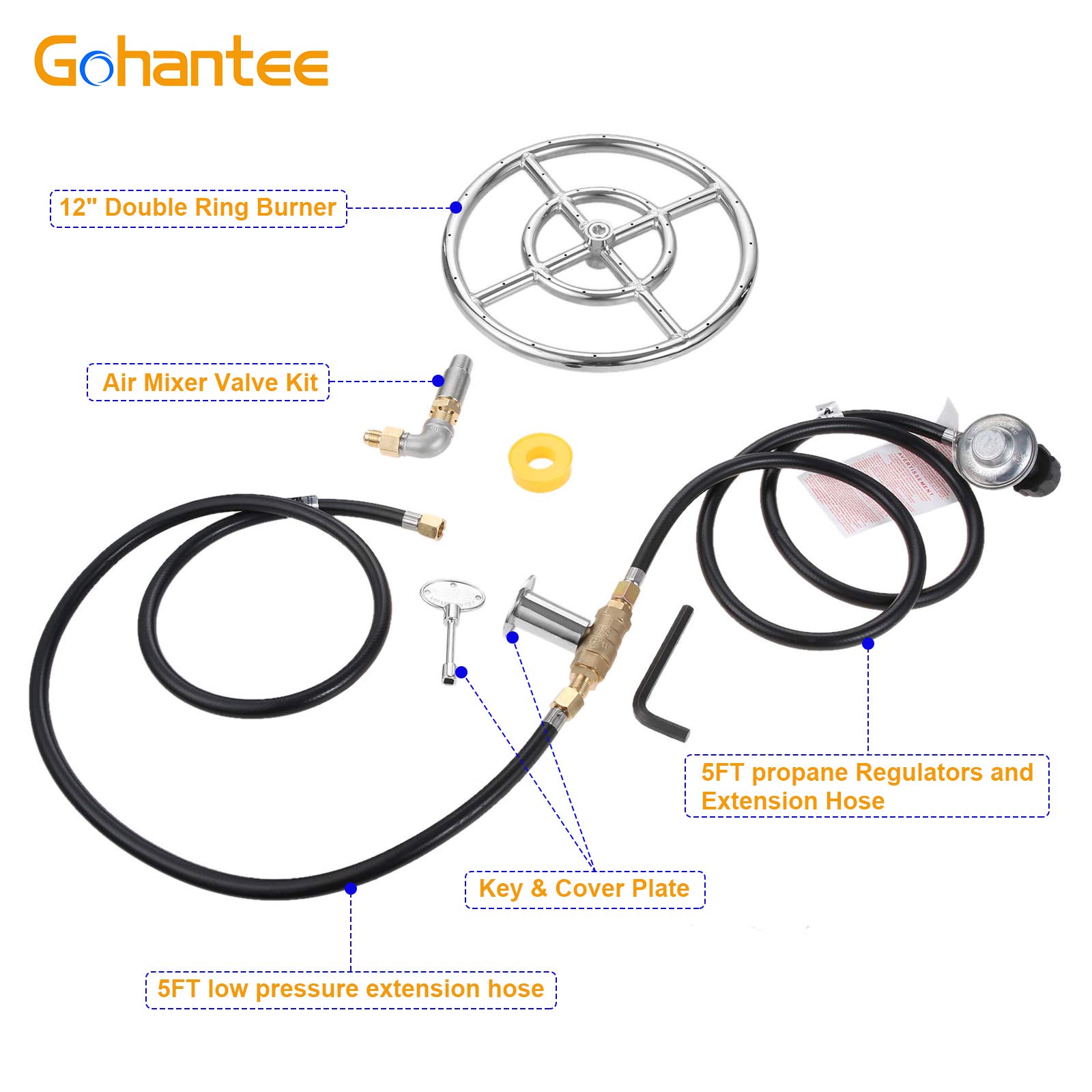 gohantee Fire Ring Burner Valve Assembly Kit, 12 inch Stainless Steel Fire Pit Installation Kit for Propane Gas, Replacement Parts for Propane Gas Fire Pit, Outdoor Fireplaces 90000 BTU