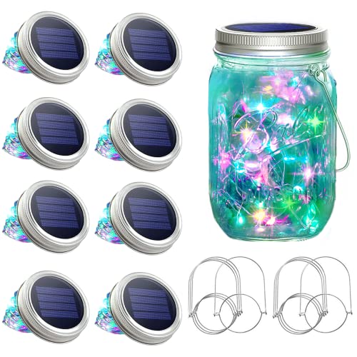 Solar Mason Jar Lights [Updated], 8 Pack 20 LED Waterproof Fairy Firefly Jar Lids String Lights with Hangers(NO Jars), Patio Yard Garden Wedding Decoration - Colorful