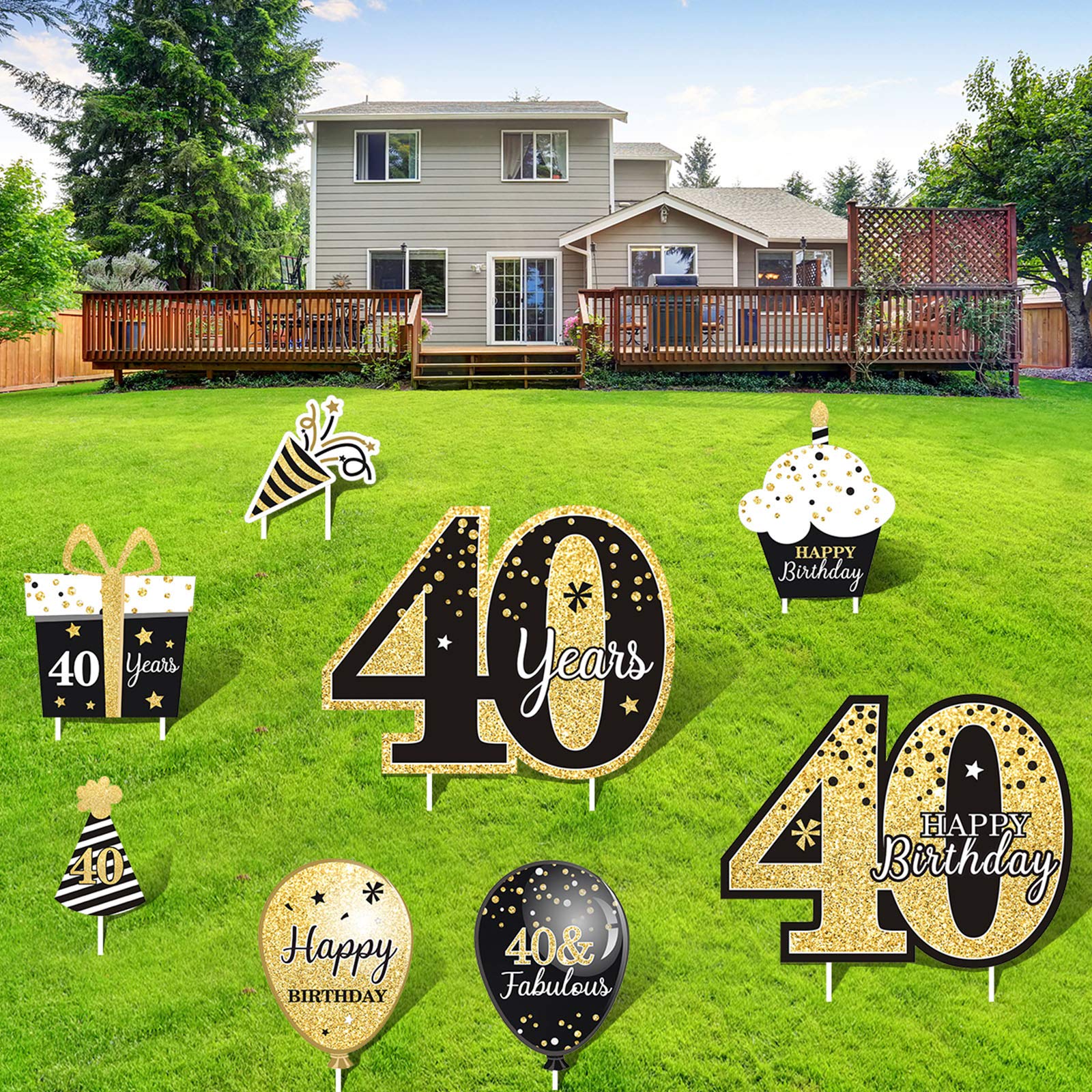 Happy 40th Birthday Party Yard Sign Set of 8 Black Gold 40 Birthday Yard Signs with Stakes and Outdoor Lawn Decorations