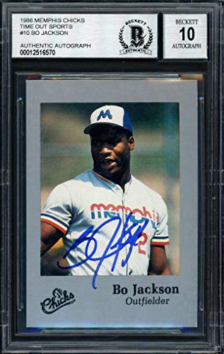 Bo Jackson Autographed 1986 Time Out Sports Rookie Card #10 Memphis Chicks Auto Grade 10 Beckett BAS Stock #187401 - Football Slabbed Autographed Rookie Cards