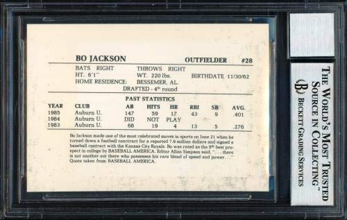 Bo Jackson Autographed 1986 Time Out Sports Rookie Card #10 Memphis Chicks Auto Grade 10 Beckett BAS Stock #187401 - Football Slabbed Autographed Rookie Cards