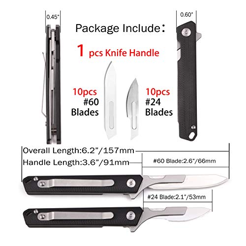 Samior S13 Small Slim Flipper Scalpel Folding Pocket Knife with 10pcs #24 and 10pcs #60 Replaceable Blade, G10 Handle with Liner Lock Pocket Clip, Utility EDC Keychain Knives, 1.2oz