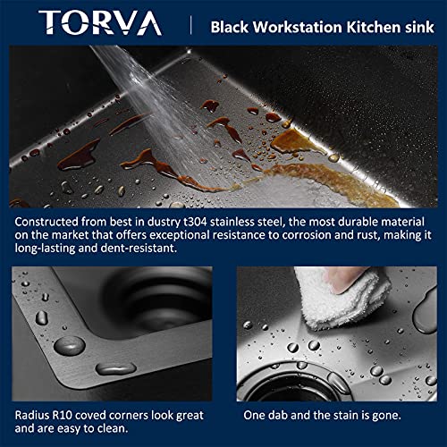 TORVA 32-Inch Gloss Black Workstation Undermount Single Bowl Kitchen Sink, 16 Gauge Stainless Steel with PVD Coated Gunmetal Sink, NanoTek Sink with Bamboo Cutting Board and Drain Tray(Dark Gray)