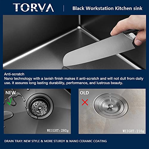 TORVA 32-Inch Gloss Black Workstation Undermount Single Bowl Kitchen Sink, 16 Gauge Stainless Steel with PVD Coated Gunmetal Sink, NanoTek Sink with Bamboo Cutting Board and Drain Tray(Dark Gray)