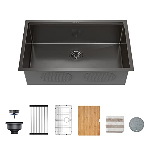 TORVA 32-Inch Gloss Black Workstation Undermount Single Bowl Kitchen Sink, 16 Gauge Stainless Steel with PVD Coated Gunmetal Sink, NanoTek Sink with Bamboo Cutting Board and Drain Tray(Dark Gray)