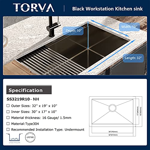 TORVA 32-Inch Gloss Black Workstation Undermount Single Bowl Kitchen Sink, 16 Gauge Stainless Steel with PVD Coated Gunmetal Sink, NanoTek Sink with Bamboo Cutting Board and Drain Tray(Dark Gray)