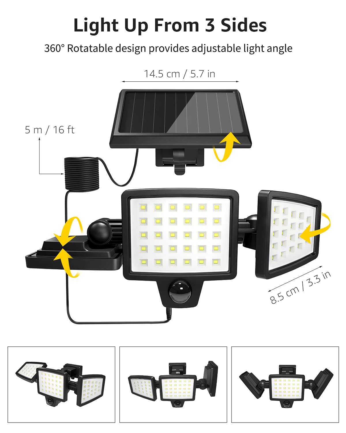 Solar Lights for Outside, WL5000 Motion Activated Security Lights, Separate Solar Panel, 3 Adjustable Head 270° Wide Lighting Angle, IP65 Waterproof Wall Lamp for Porch Yard Garage, 2 Packs