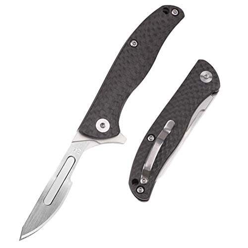 Samior S124 Flipper Scalpel Pocket Knife Compact Small with 10 Replaceable Blades, Carbon Fiber Handle, Liner Lock Pocket Clip, Utility for EDC Keychain Crafting 1.3oz