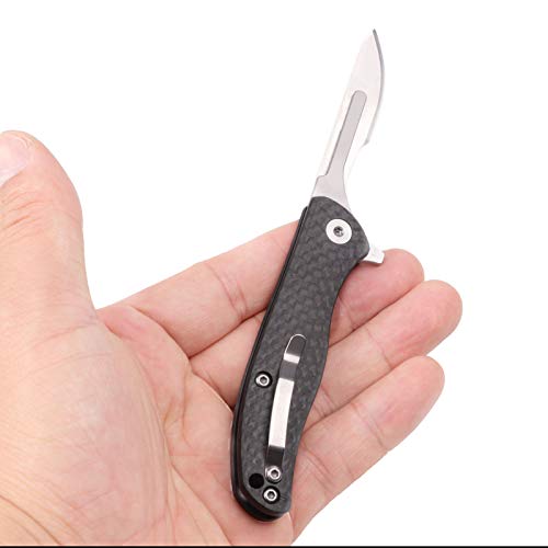 Samior S124 Flipper Scalpel Pocket Knife Compact Small with 10 Replaceable Blades, Carbon Fiber Handle, Liner Lock Pocket Clip, Utility for EDC Keychain Crafting 1.3oz