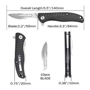 Samior S124 Flipper Scalpel Pocket Knife Compact Small with 10 Replaceable Blades, Carbon Fiber Handle, Liner Lock Pocket Clip, Utility for EDC Keychain Crafting 1.3oz