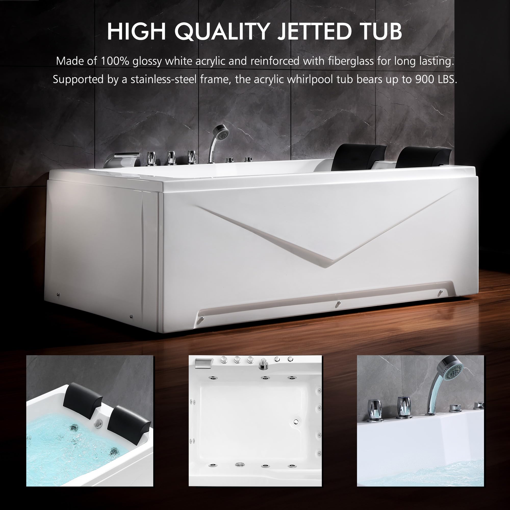 Empava 2 Person Whirlpool Bathtub,71” Whirlpool Tubs with 16 Jets,Jetted bathtub,Acrylic SPA Bath Tub,2 Person Hydro Massage Bathtub with Right Drain,3-Side Apron,White