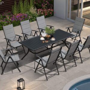 PURPLE LEAF 9 Pieces Outdoor Patio Dining Set with 8 Folding Portable Chairs and 1 Rectangle Aluminum Table, Foldable Adjustable High Back Reclining Chairs with Soft Cotton-Padded Seat, Grey