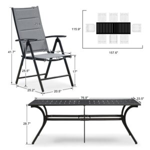 PURPLE LEAF 9 Pieces Outdoor Patio Dining Set with 8 Folding Portable Chairs and 1 Rectangle Aluminum Table, Foldable Adjustable High Back Reclining Chairs with Soft Cotton-Padded Seat, Grey