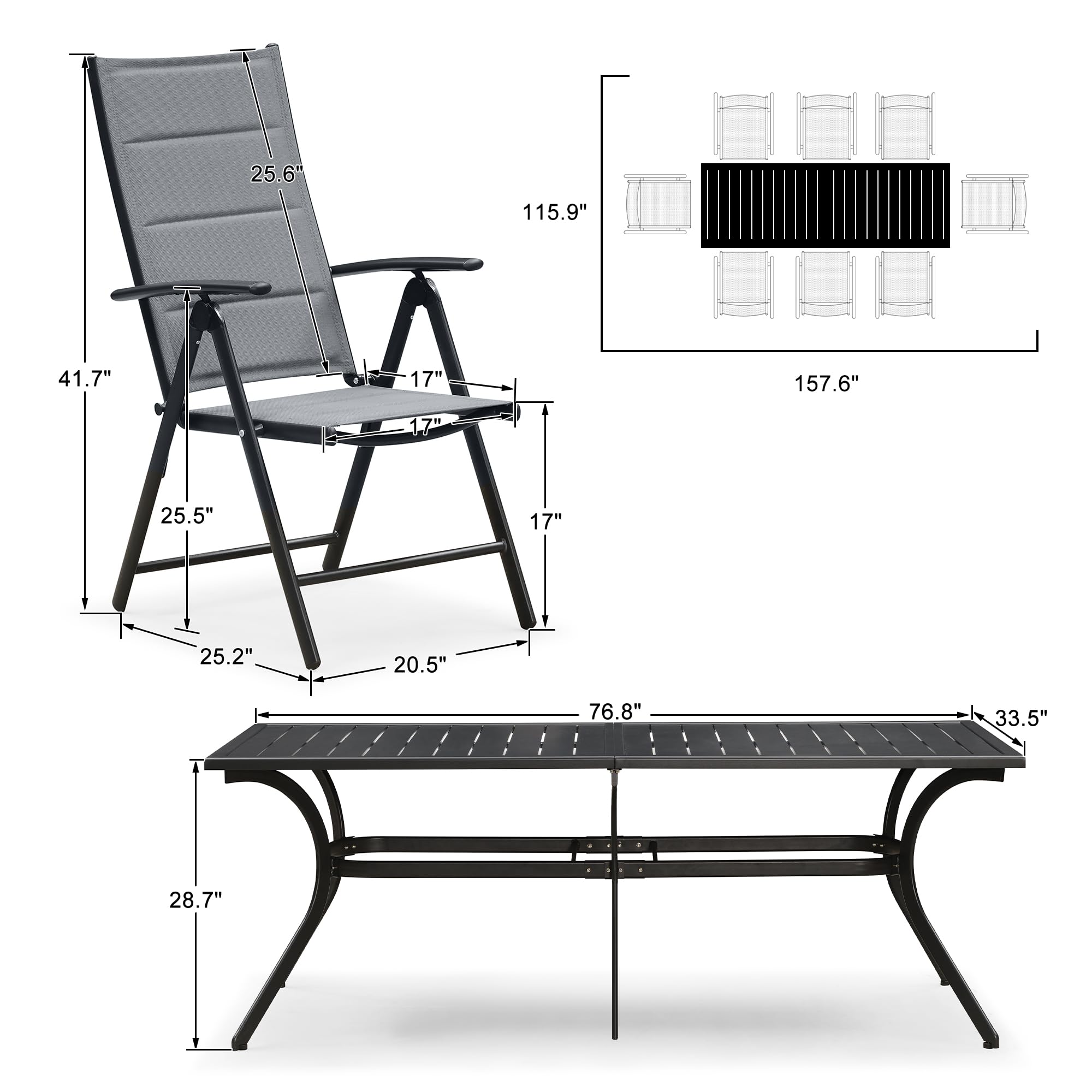 PURPLE LEAF 9 Pieces Outdoor Patio Dining Set with 8 Folding Portable Chairs and 1 Rectangle Aluminum Table, Foldable Adjustable High Back Reclining Chairs with Soft Cotton-Padded Seat, Grey