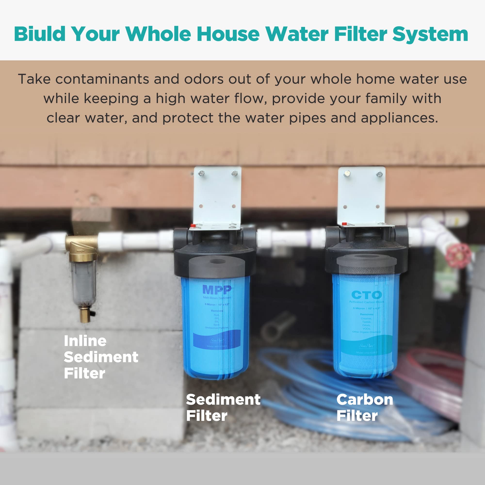 SimPure Upgrade Whole House Water Filter Housing DB10P (1-Set) and 5 Micron 10" x 4.5" Sediment Water Filter (4-Pack)