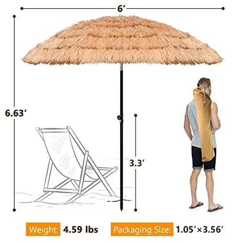 Funsite 6ft Tiki Umbrellas for Outside, UV Protect Thatch Umbrella with Tilt Design, Thatch Patio Umbrella for Outdoor Tiki Bar, Tropical Palapa Tiki Hut Hawaiian Hula Beach Umbrella