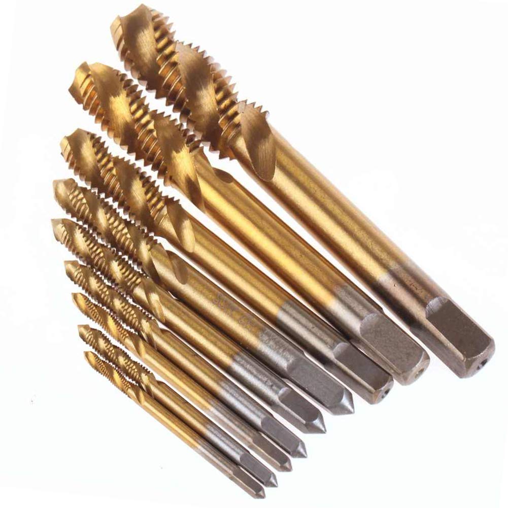 Yakamoz 9pcs Machine Screw Tap Set Titanium Spiral Flute Drill Taps Metric M2 M2.5 M3 M4 M5 M6 M8 M10 M12 Thread Tapping Tool