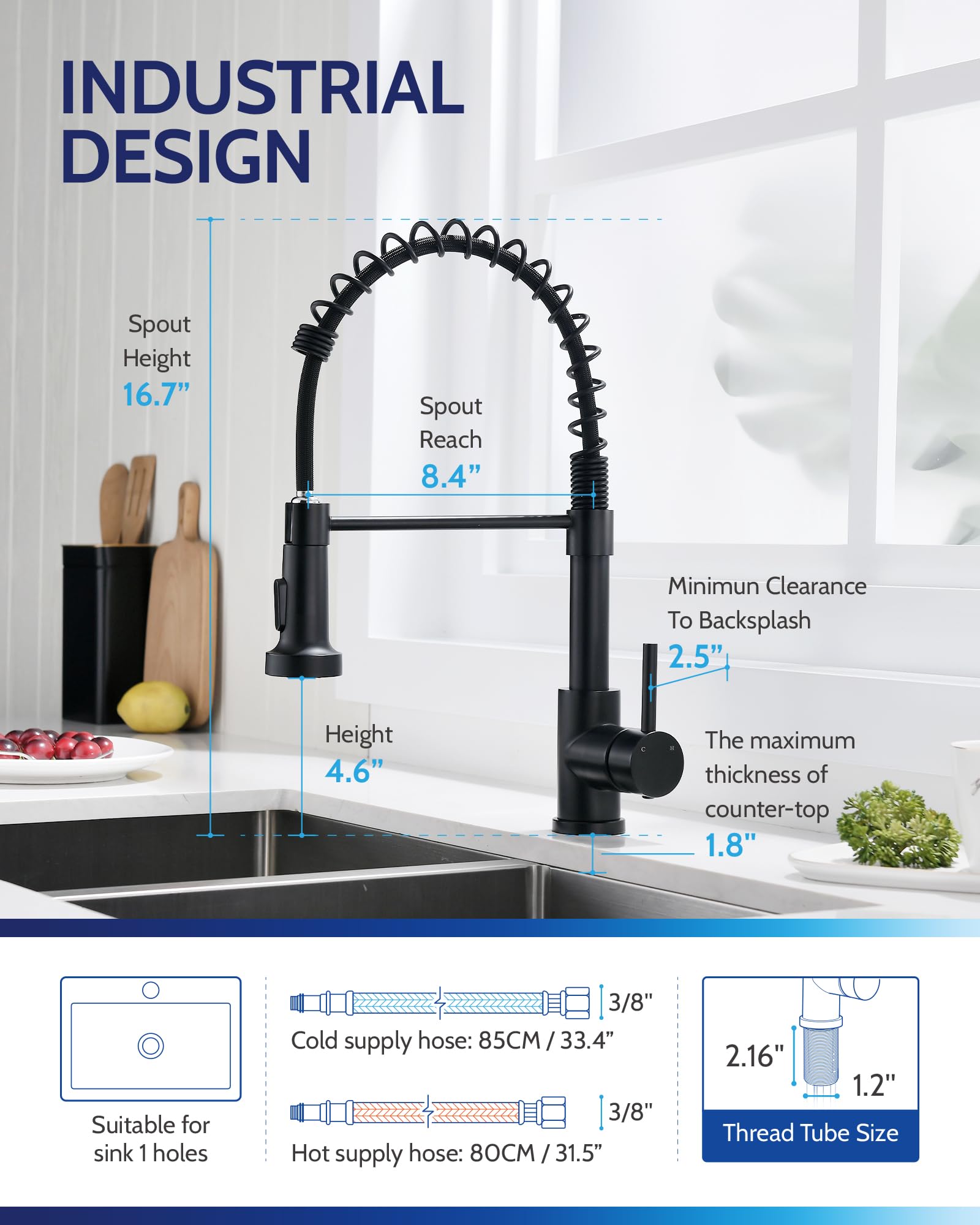 LUFEIDRA Black Kitchen Faucet with Sprayer-High Arc Kitchen Faucets Single Hole 304 Stainless Steel Kitchen Sink Faucet, Efficient Cleaning Faucet for Bar Sink Commercial Modern rv, Matte Black