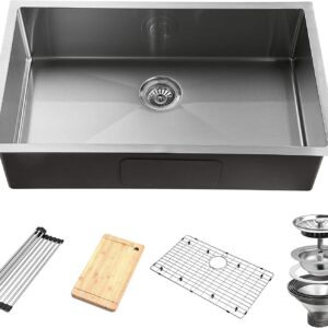 YSSOA 32-Inch Undermount Workstation Kitchen Sink, 20 Gauge Single Bowl Stainless Steel with 5 Accessories (Sink + Cutting Board+Bottom Grid + Drain+Dish drying rack), Silver