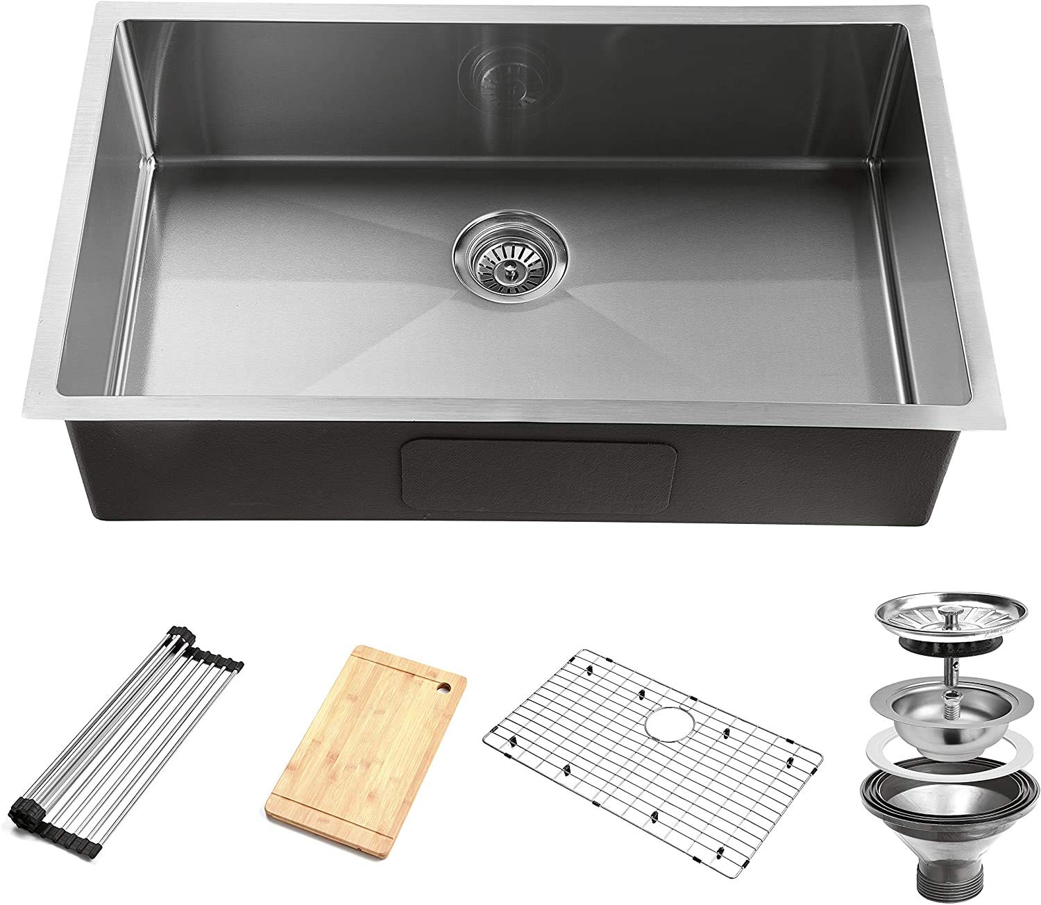 YSSOA 32-Inch Undermount Workstation Kitchen Sink, 20 Gauge Single Bowl Stainless Steel with 5 Accessories (Sink + Cutting Board+Bottom Grid + Drain+Dish drying rack), Silver