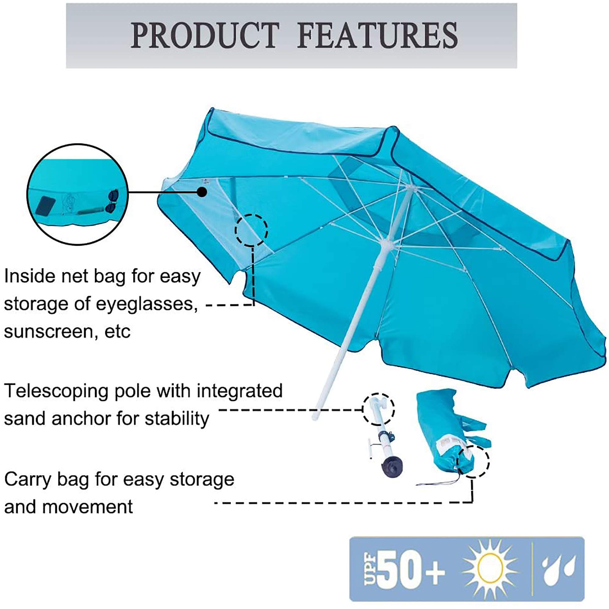 Abba Patio 7ft Beach Umbrella with Sand Anchor, Push Button Tilt and Carry Bag, UV 50+ Protection Windproof Portable Patio Umbrella for Garden Beach Outdoor, Sky Blue