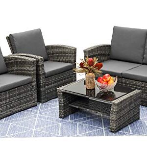 LayinSun 4 Piece Outdoor Patio Furniture Sets, Wicker Conversation Sets, Rattan Sofa Chair with Cushion for Backyard Lawn Garden (Grey)