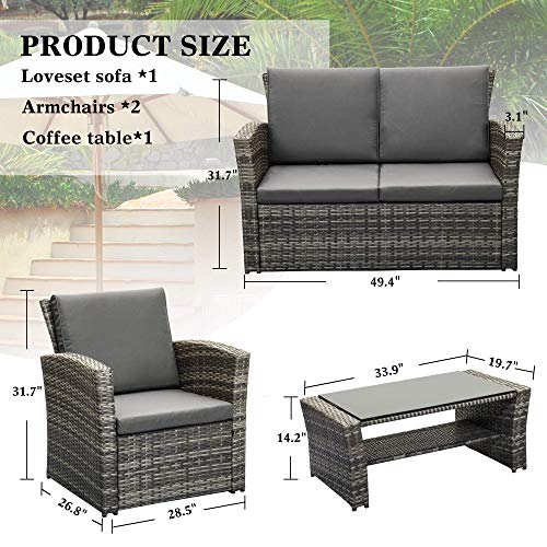 LayinSun 4 Piece Outdoor Patio Furniture Sets, Wicker Conversation Sets, Rattan Sofa Chair with Cushion for Backyard Lawn Garden (Grey)