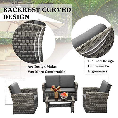 LayinSun 4 Piece Outdoor Patio Furniture Sets, Wicker Conversation Sets, Rattan Sofa Chair with Cushion for Backyard Lawn Garden (Grey)