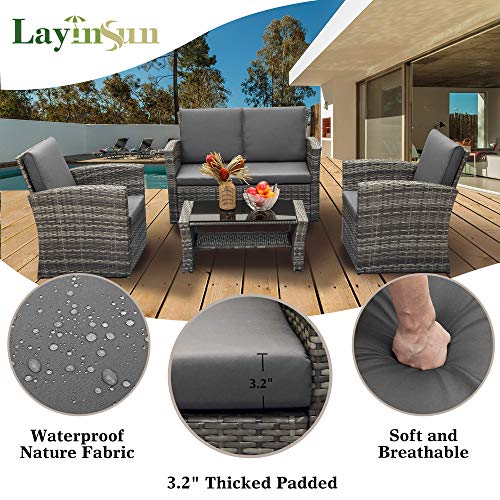 LayinSun 4 Piece Outdoor Patio Furniture Sets, Wicker Conversation Sets, Rattan Sofa Chair with Cushion for Backyard Lawn Garden (Grey)