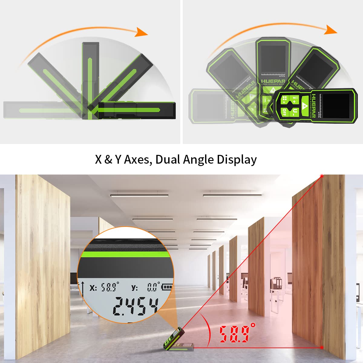 Huepar Laser Distance Measure 393Ft(120M) with Rechargeable Battery & Dual Angle Display, Laser Measure M/in/Ft with Mute Function & Multi-Measurement Modes, Pythagorean, Distance, Area&Volume-S120