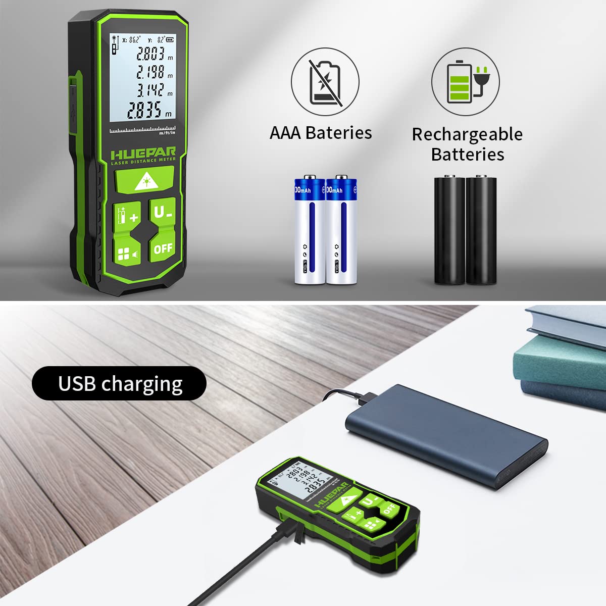 Huepar Laser Distance Measure 393Ft(120M) with Rechargeable Battery & Dual Angle Display, Laser Measure M/in/Ft with Mute Function & Multi-Measurement Modes, Pythagorean, Distance, Area&Volume-S120