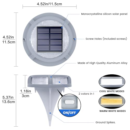 SIEDiNLAR Solar Deck Lights Outdoor 2 Modes 16 LEDs Driveway Markers Dock Light Solar Powered Waterproof for Ground Step Pathway Walkway Stair Garden Road Yard 4 Pack (Cool White/Warm White)