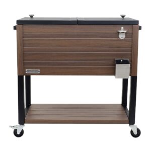 permasteel 80-quart outdoor patio cooler with wheels | beverage rolling cooler for backyard deck, ps-a205-80qt-br, wood grain accent, brown