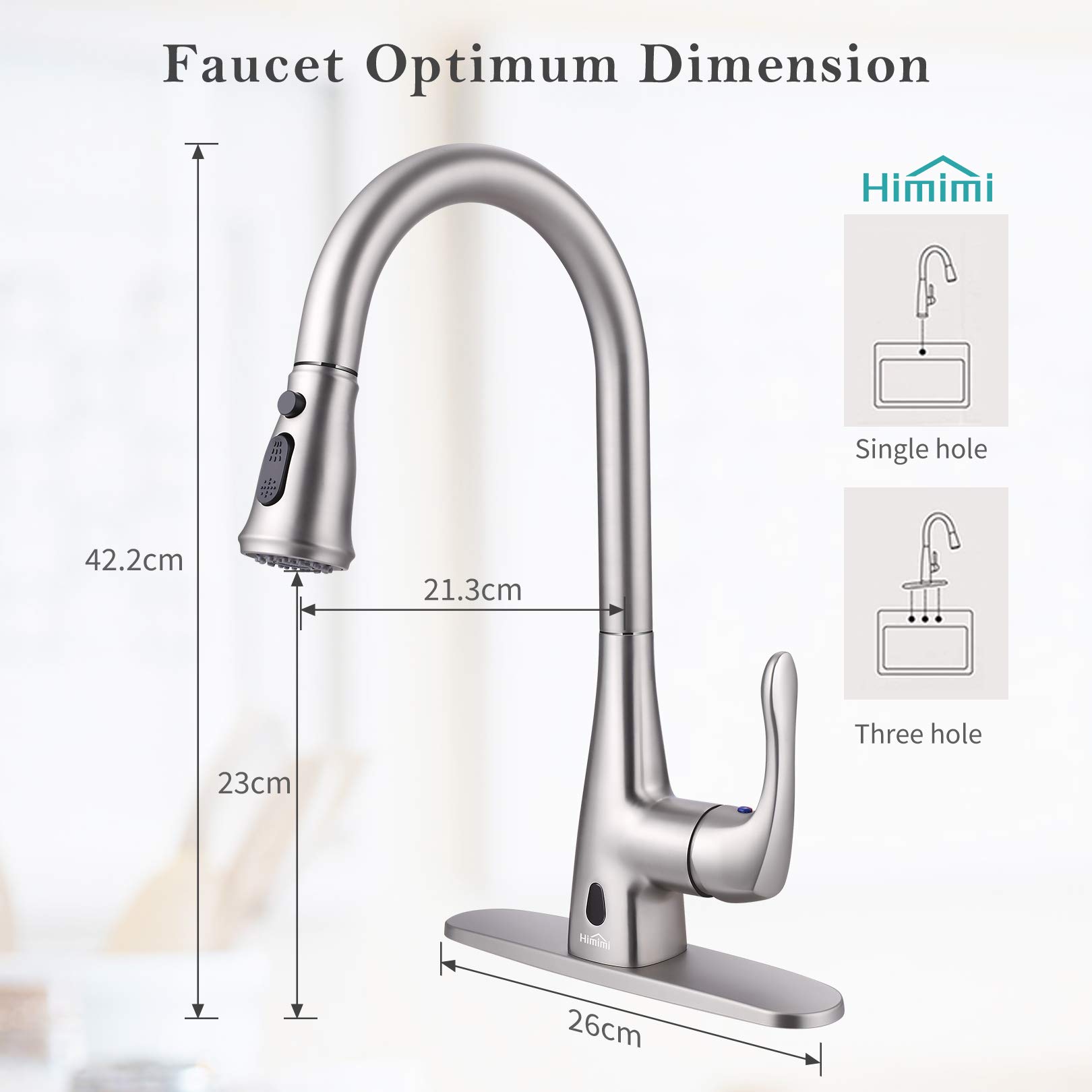 Touchless Kitchen Faucet, Himimi Single Handle Pull Down Sprayer Kitchen Sink Faucet, Dual Sensor Smart Faucet for Kitchen Sink,1 Hole and 3 Hole Deck Stainless Kitchen Faucet, Fingerprint-Resistant