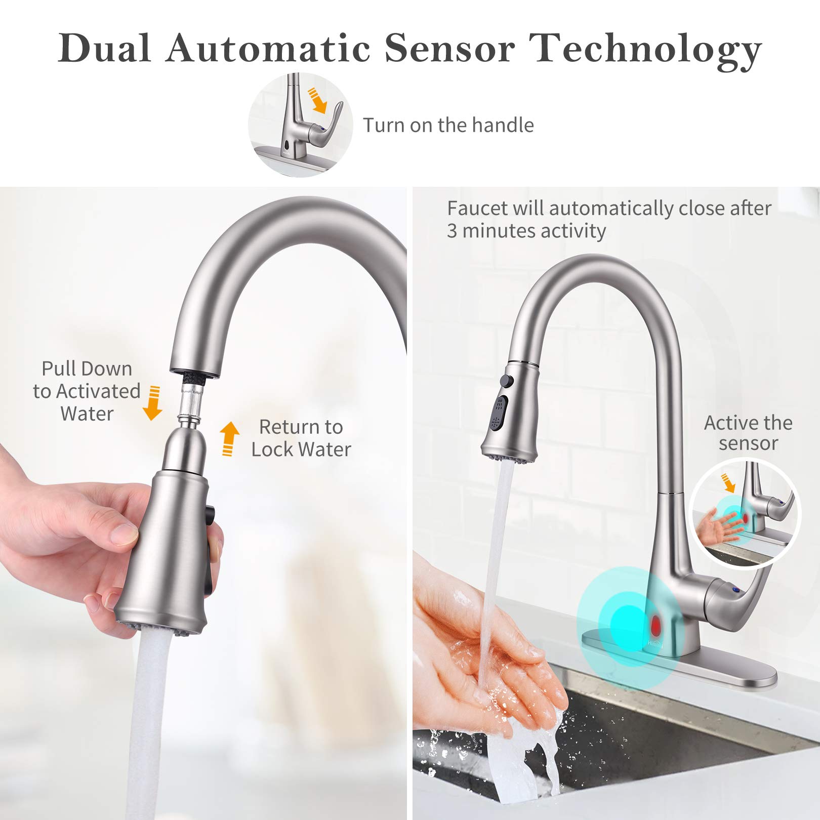 Touchless Kitchen Faucet, Himimi Single Handle Pull Down Sprayer Kitchen Sink Faucet, Dual Sensor Smart Faucet for Kitchen Sink,1 Hole and 3 Hole Deck Stainless Kitchen Faucet, Fingerprint-Resistant