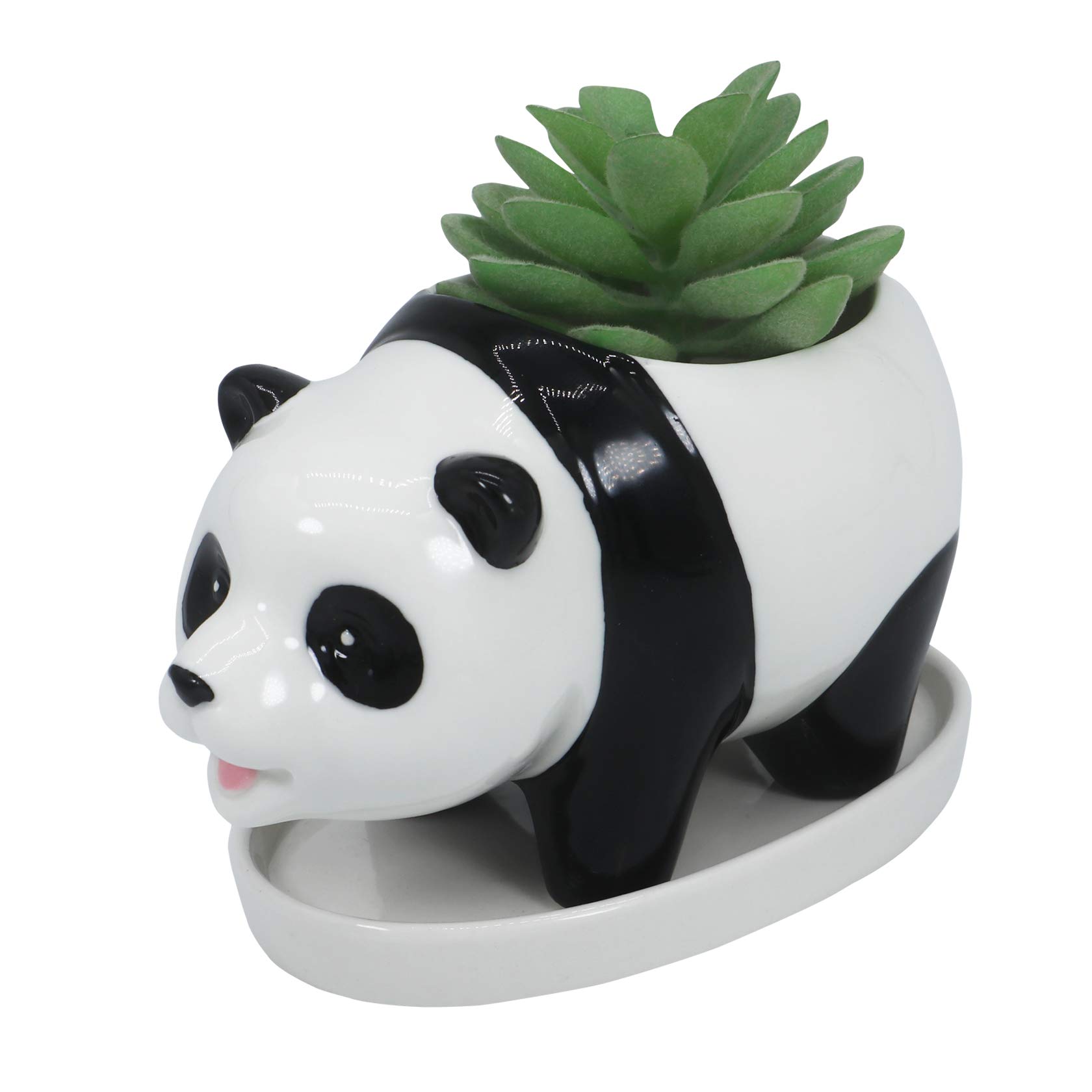 Gemseek Cute Panda Succulent Planter Pot with Drainage Tray, White Ceramic Flower/Cactus Holder, Animal Bonsai Container for Indoor Plants