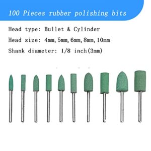 Luo ke 100 Pcs Rubber Polishing Bits, 1/8 Inch Shank Abrasive Polishing Kits for Dremel Rotary Tool