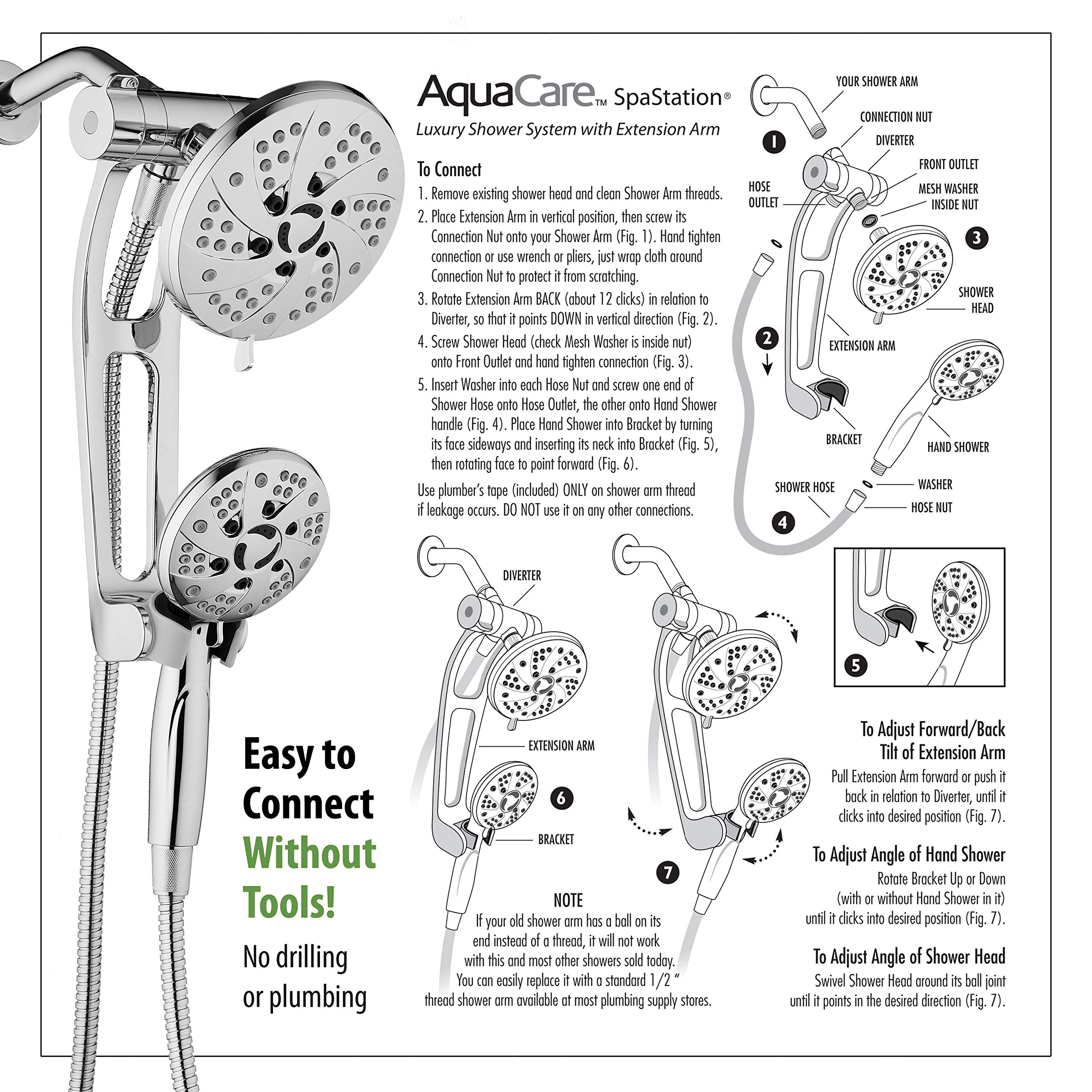 AquaCare Spa Station High Pressure 48-mode Rain & Handheld 3-way Shower Head Combo with Adjustable Arm - Anti-clog Nozzles, Extra-long 6 ft Stainless Steel Hose, Wall Bracket/All Chrome Finish