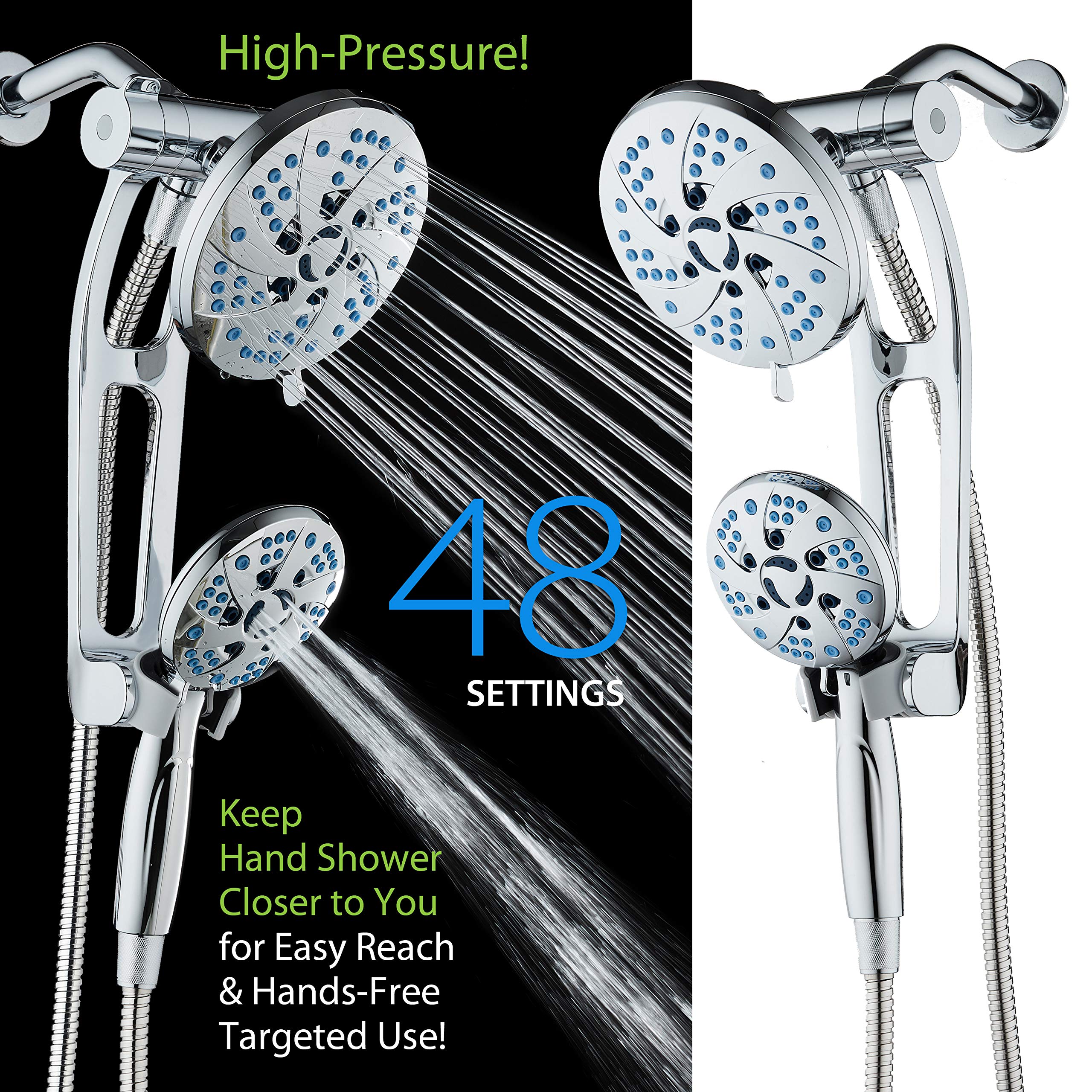 AquaCare Spa Station High Pressure 48-mode Rain & Handheld 3-way Shower Head Combo with Adjustable Arm - Anti-clog Nozzles, Extra-long 6 ft Stainless Steel Hose, Wall Bracket/All Chrome Finish