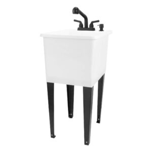 white space saver utility sink by js jackson supplies, freestanding tehila space saving laundry tub, black pull-out faucet, soap dispenser