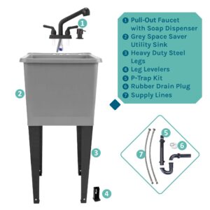 Space Saver Utility Sink by JS Jackson Supplies, Pull-Out Faucet, Soap Dispenser, Grey Tub with Black Faucet