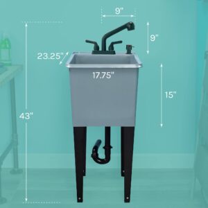 Space Saver Utility Sink by JS Jackson Supplies, Pull-Out Faucet, Soap Dispenser, Grey Tub with Black Faucet