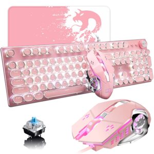 pink typewriter keyboard and mouse,retro vintage mechanical gaming keyboard with white led backlit,104 keys anti-ghosting blue switch wired cute keyboard,round keycaps for desktop pc/laptop mac